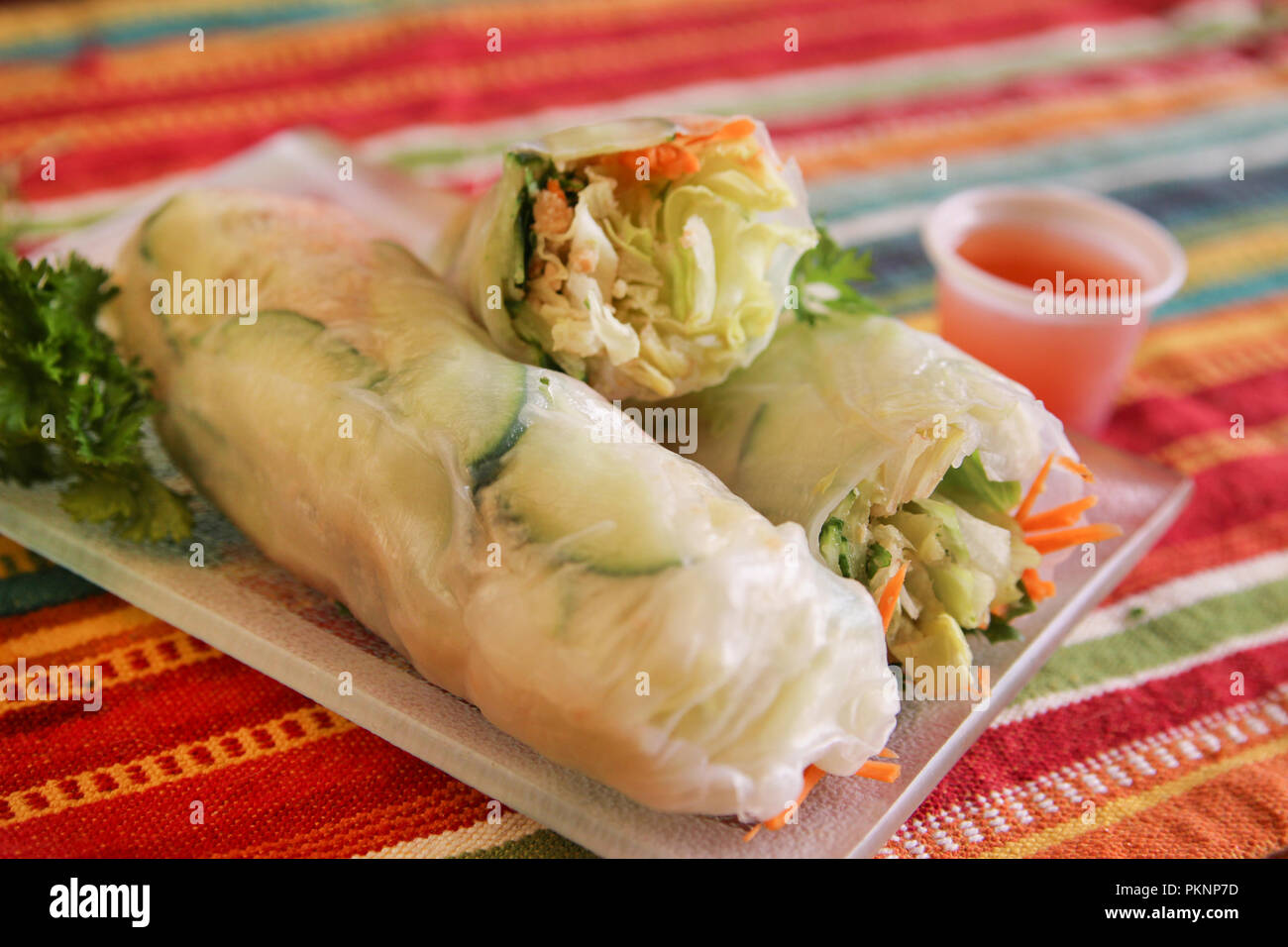 Fresh Vietnamese rolls wrapped in rice paper filled with vegetables and ...