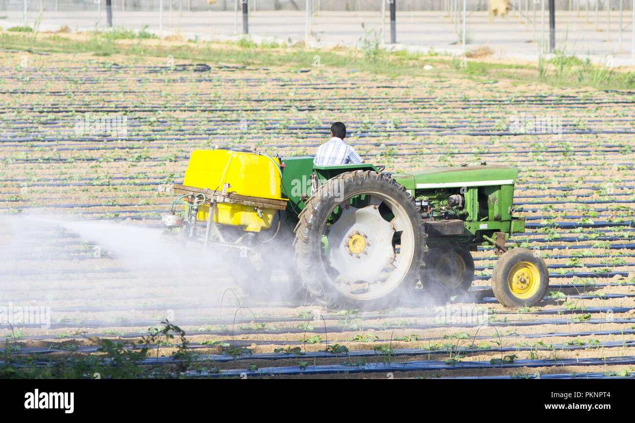 farmer driving a tractor and spraying insecticide over a field Stock ...