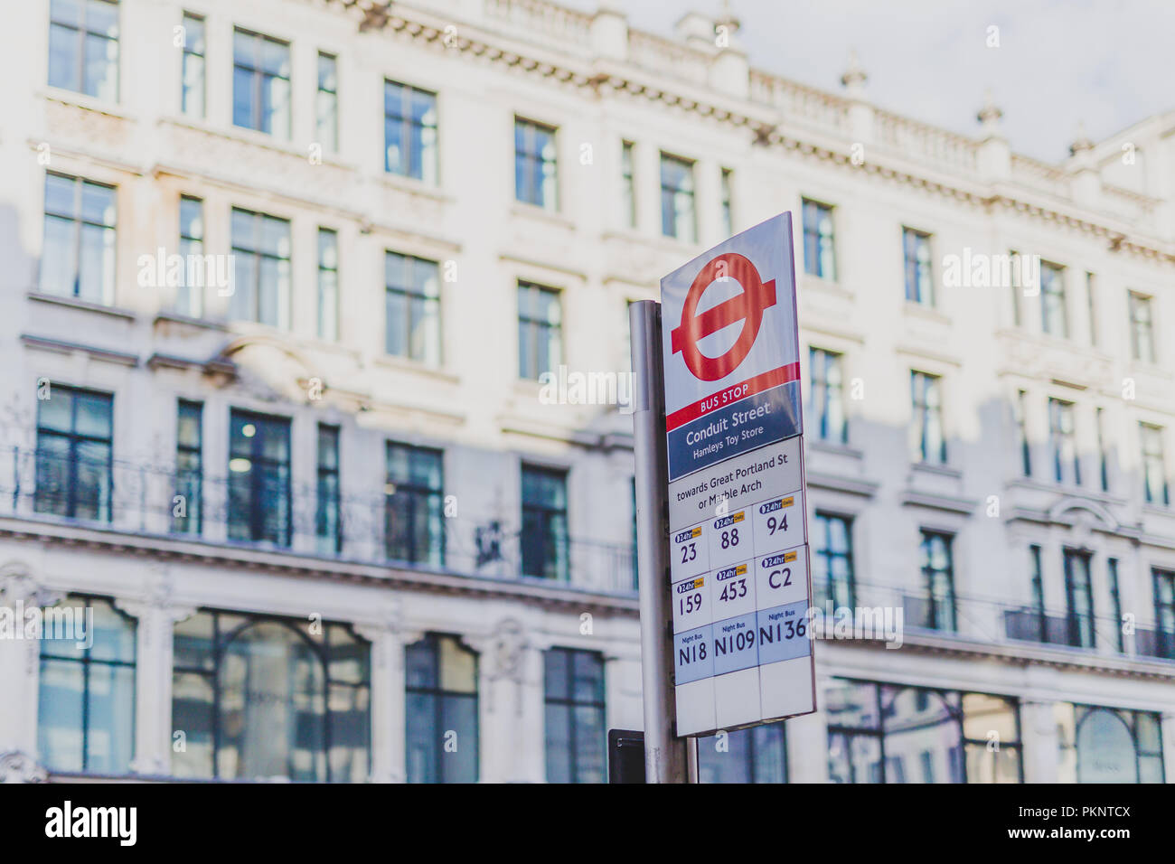 LONDON, UNITED KINGDOM - August 13th, 2018: Conduit Street bus stop in ...