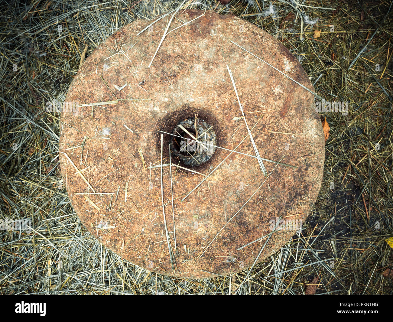The ancient quern stone hand mill. Old grinding stones straw around ...