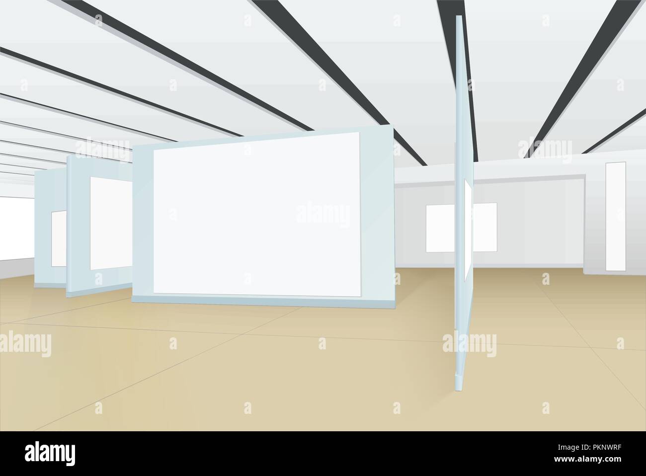 3D panorama of empty hall of the picture gallery with boards for ...