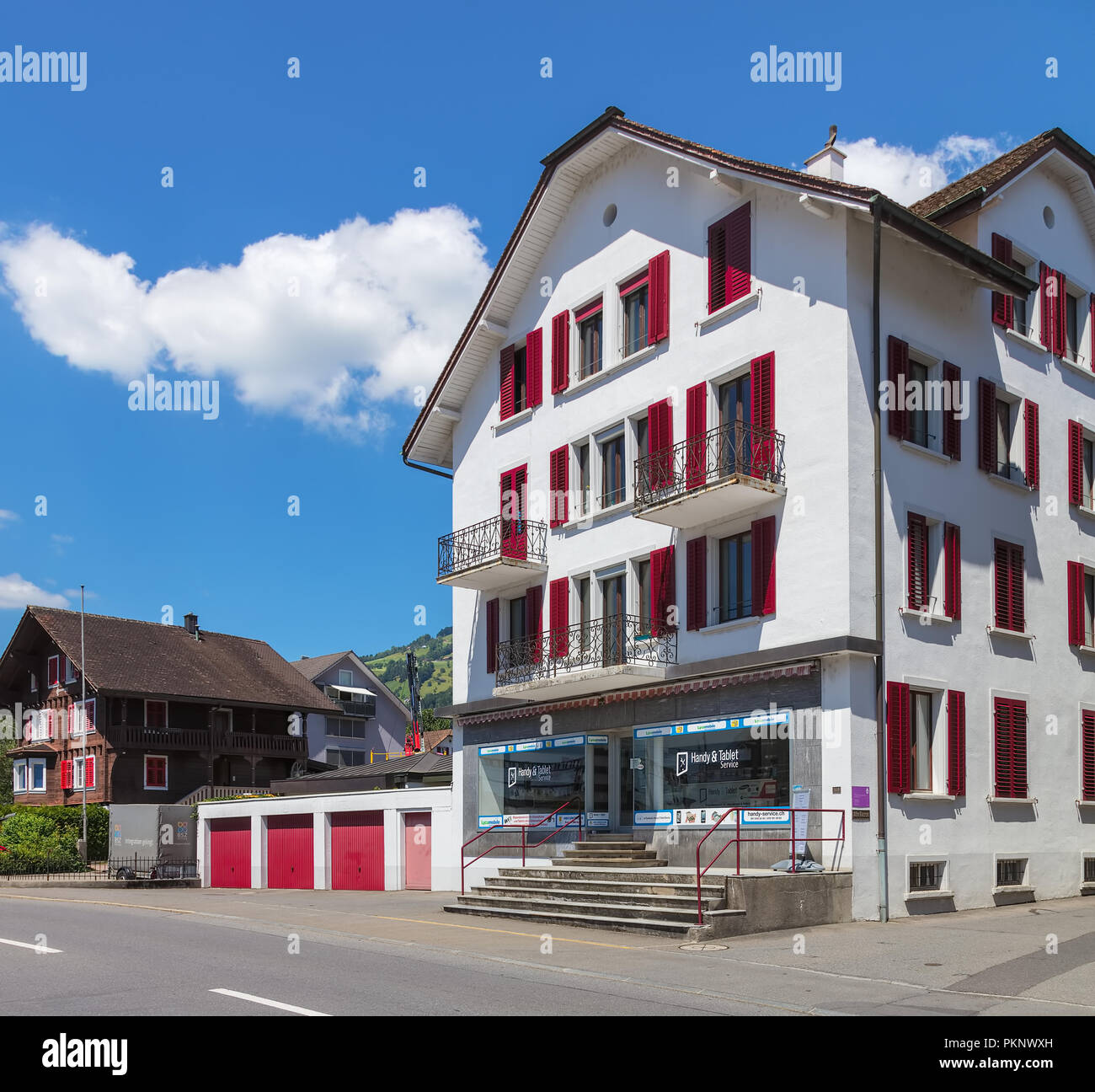 Seewen, Switzerland - June 23, 2018: buildings along Bahnhofstrasse ...