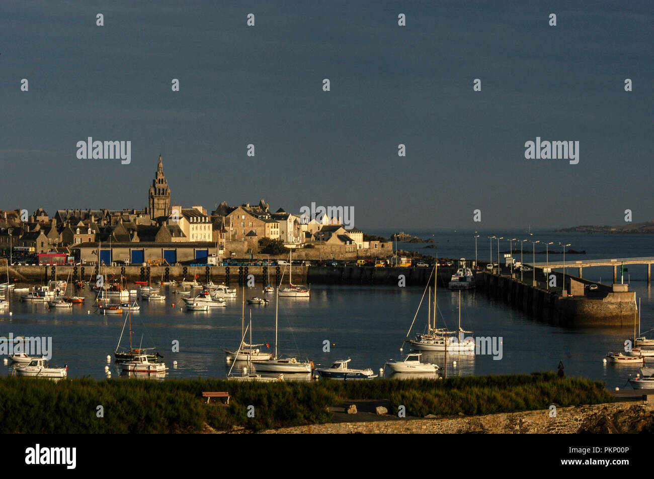 The skyline of Roscoff and harbour in Brittany of north west France ...