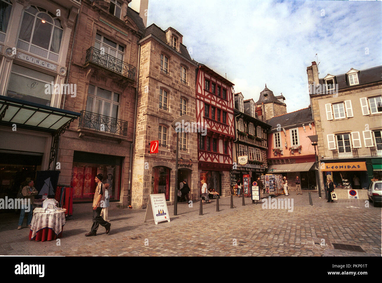 Old timbered buildings in the old town of Quimper in Rue du Gradlon ...