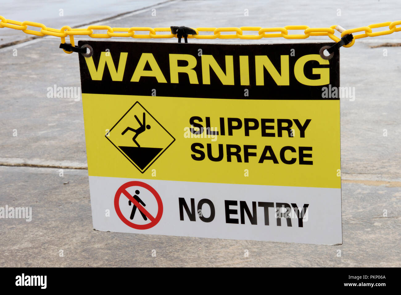 Warning Slippery Surface No Entry signage at a swimming pool Stock ...