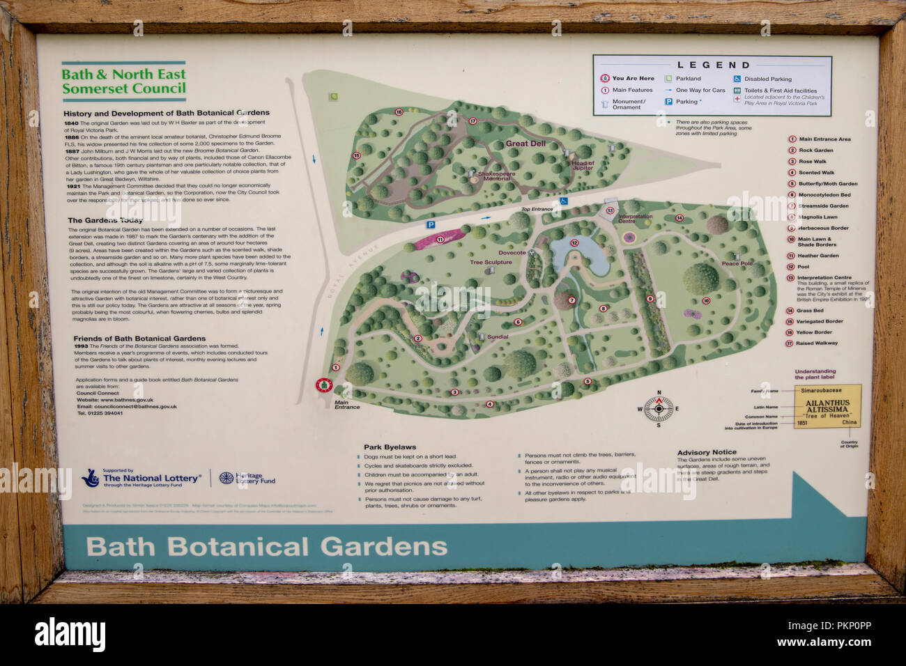 Map and Information at the entrance to Bath Botanical Gardens, Bath and ...