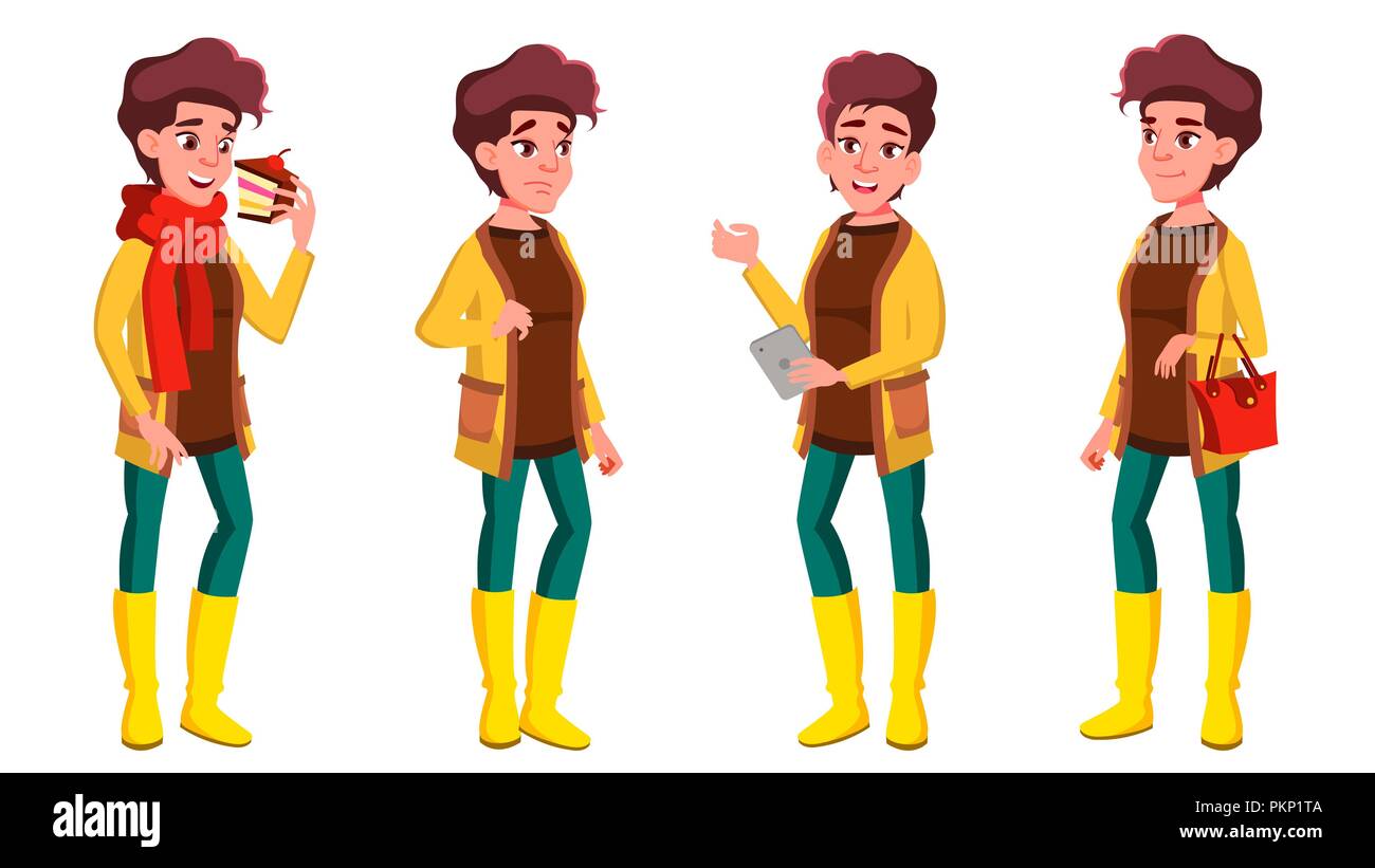 Teen Girl Poses Set Vector. Emotional, Pose. For Advertising, Placard ...