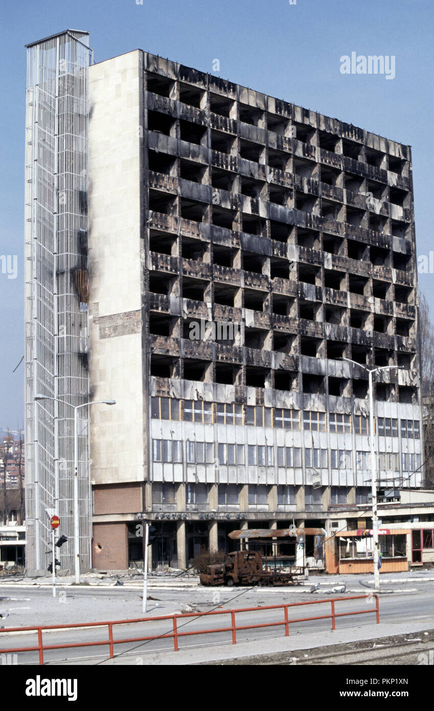 15th March 1993 During the Siege of Sarajevo: a big office block shows ...