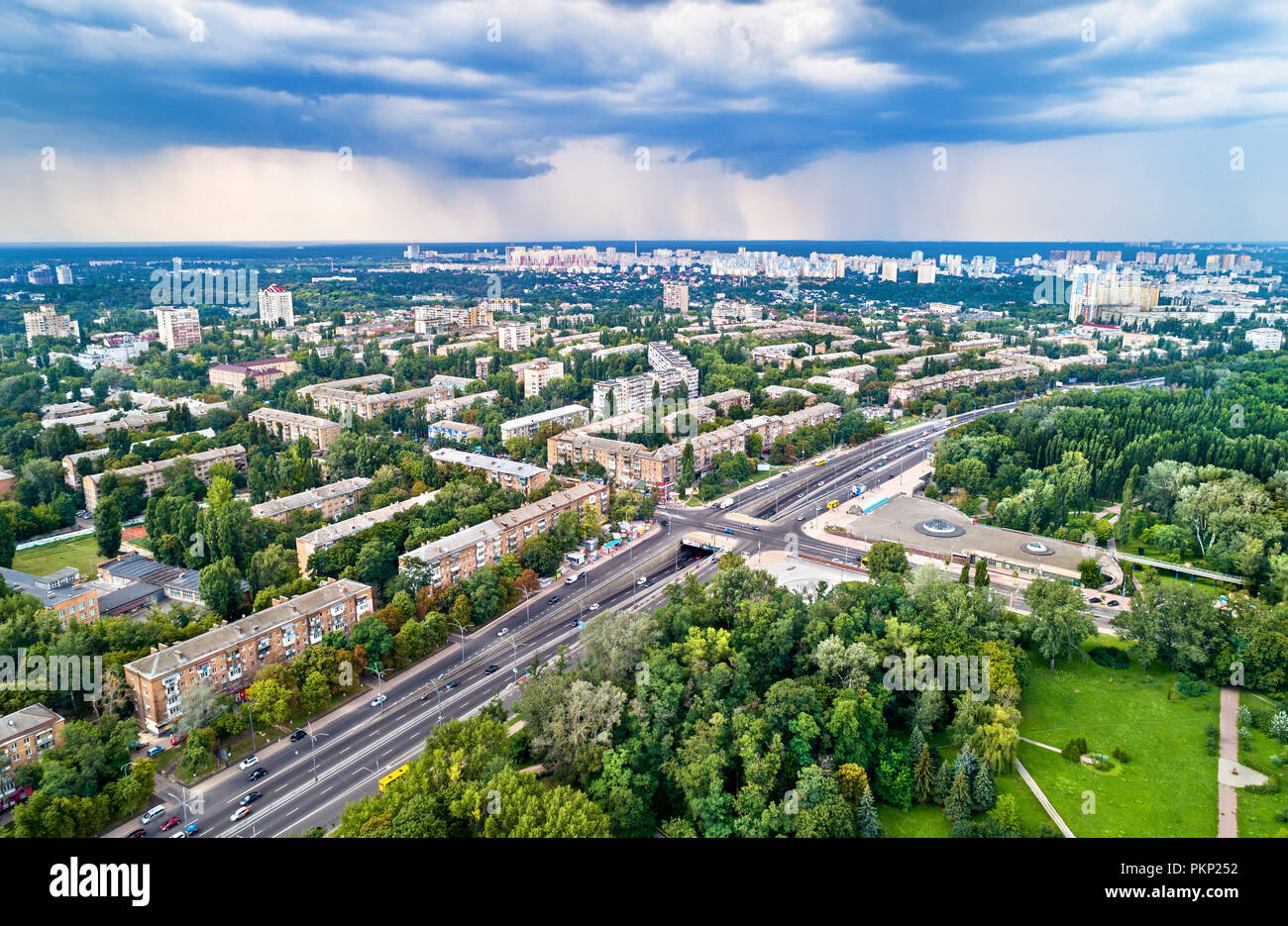 Aerial view of the Dorohozhychi district of Kiev, the capital of ...