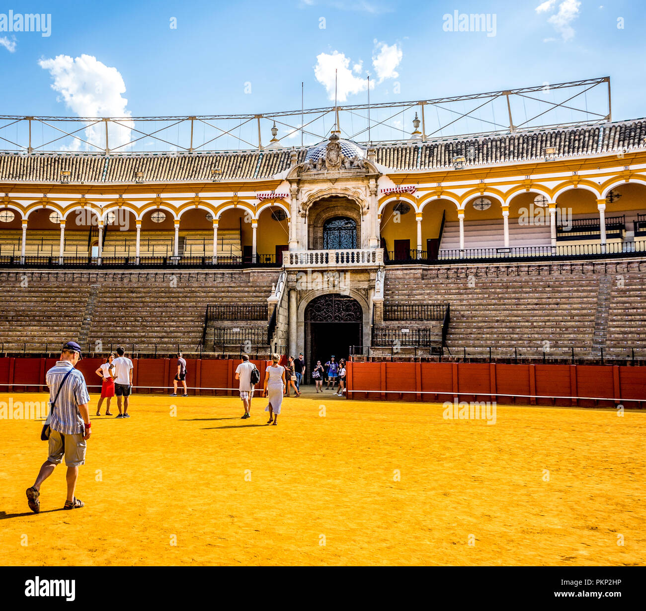 Seville, Spain- June 18, 2017:Tourists walk inside inside the bull ...