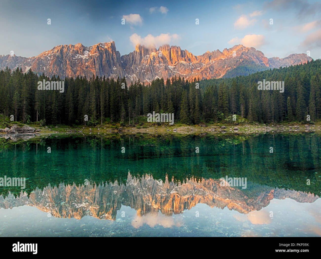 Alps lake landscape with forrest mountain, Lago di Carezza - Dolomites ...