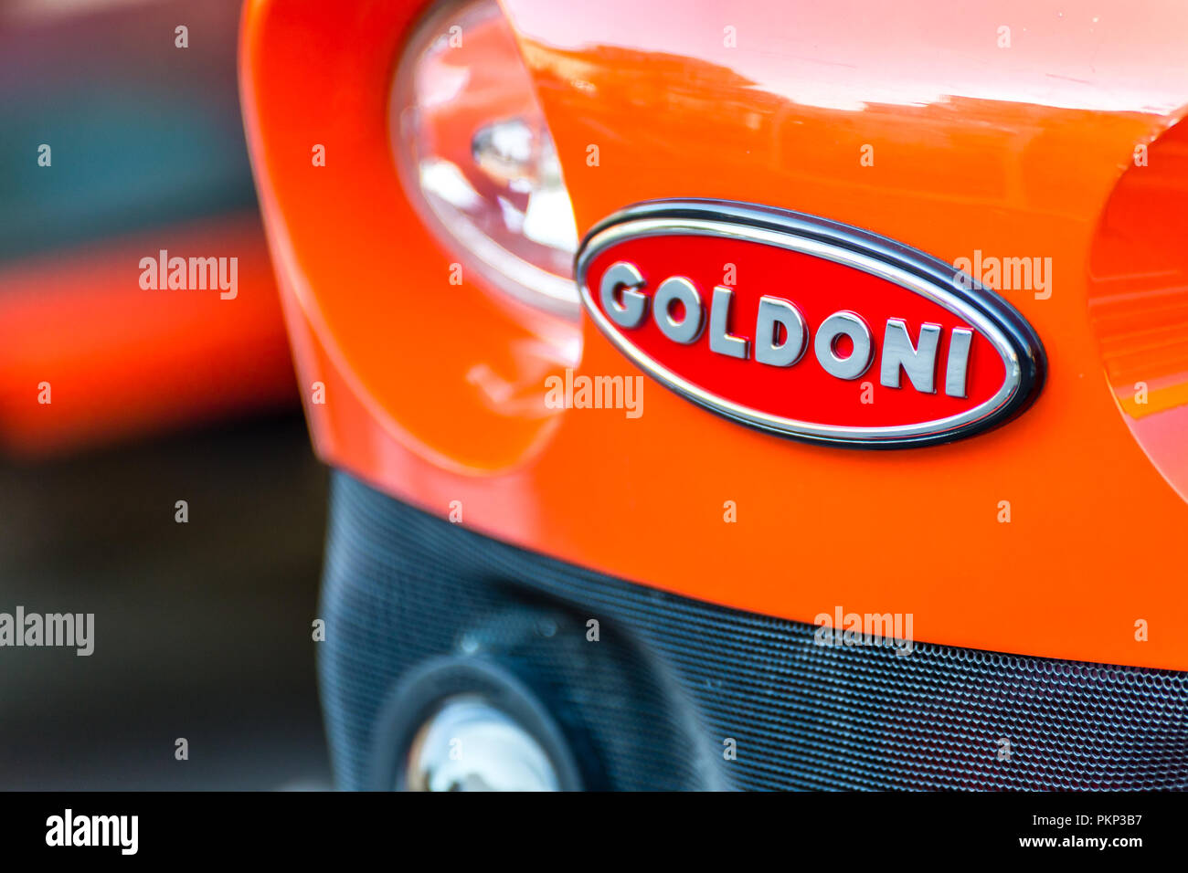 LUGO, ITALY - September 11, 2018: light enlightening GOLDONI logo on a ...