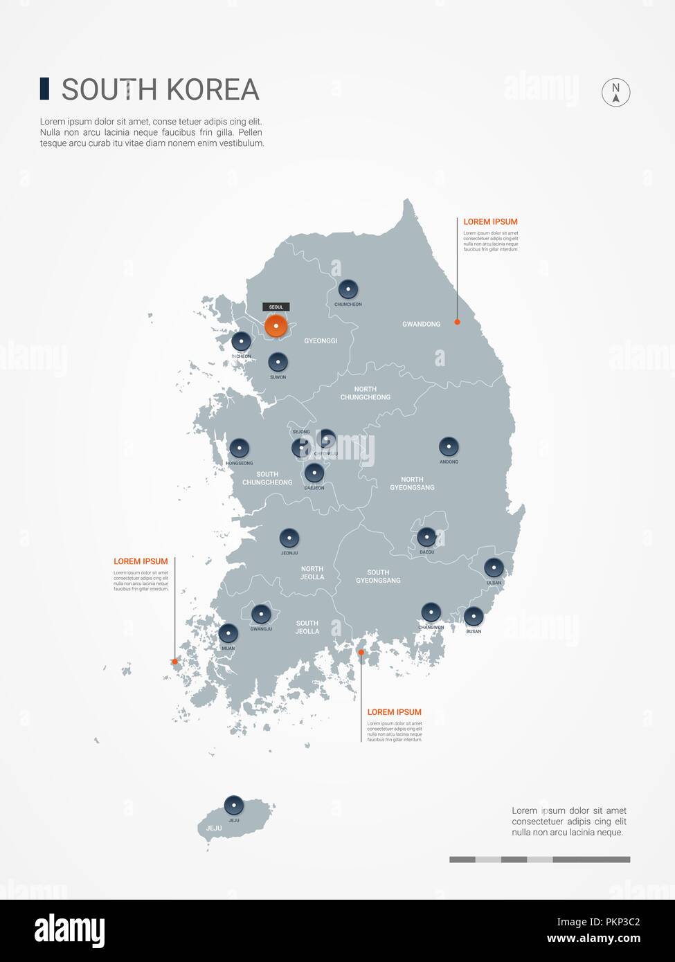 South Korea map with borders, cities, capital and administrative ...