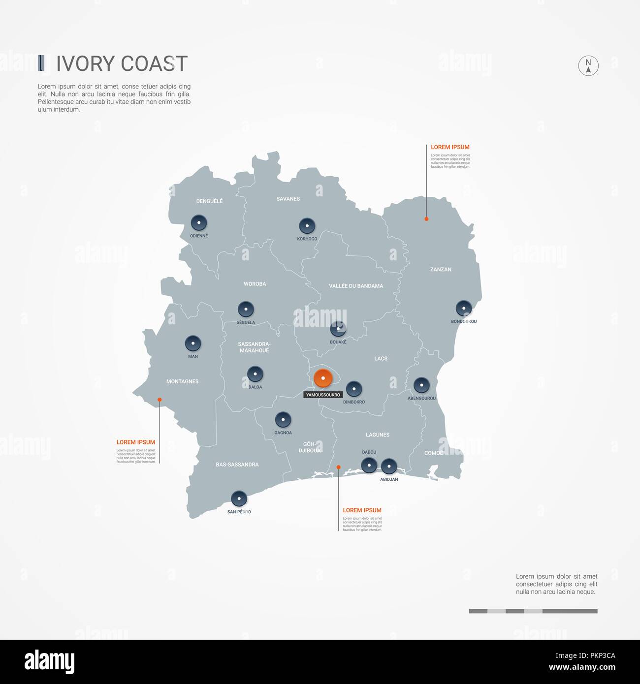 Ivory Coast map with borders, cities, capital and administrative divisions. Infographic vector ...