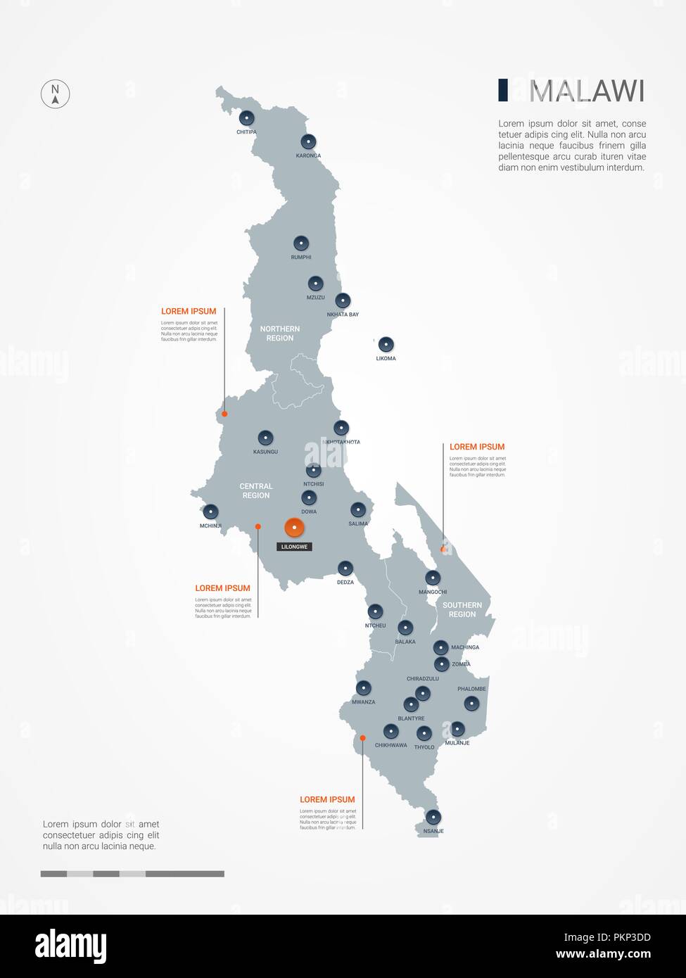 Malawi map with borders, cities, capital and administrative divisions ...
