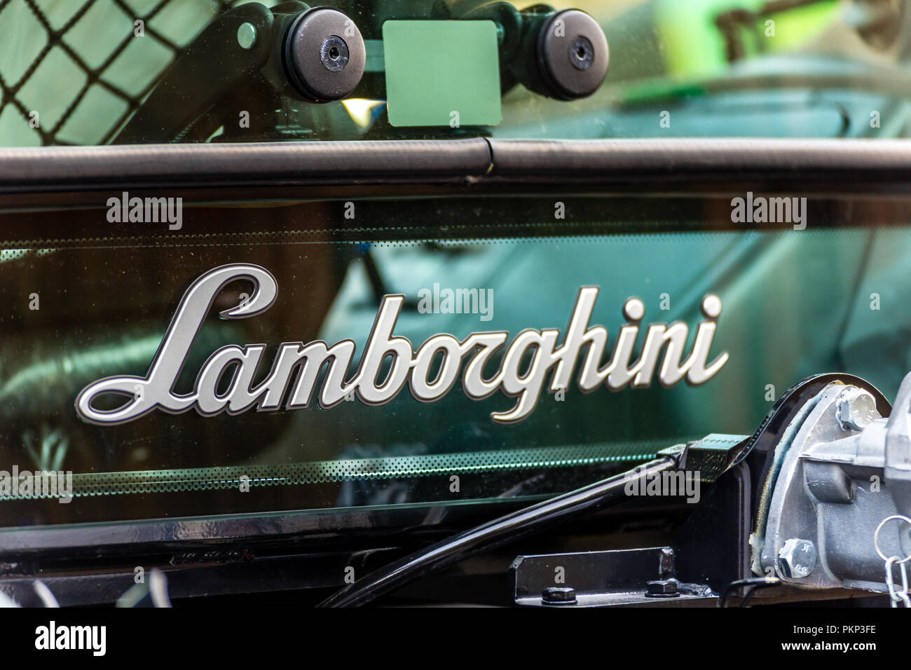 LUGO, ITALY - September 11, 2018: light enlightening LAMBORGHINI logo ...