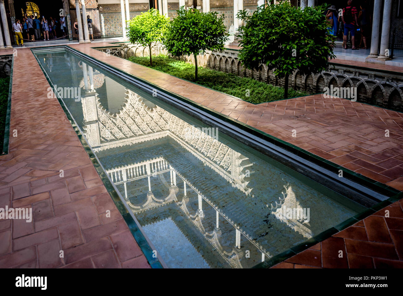 18 June 2017, Spain, Seville: Reflection of Alcazar palace in the pool ...