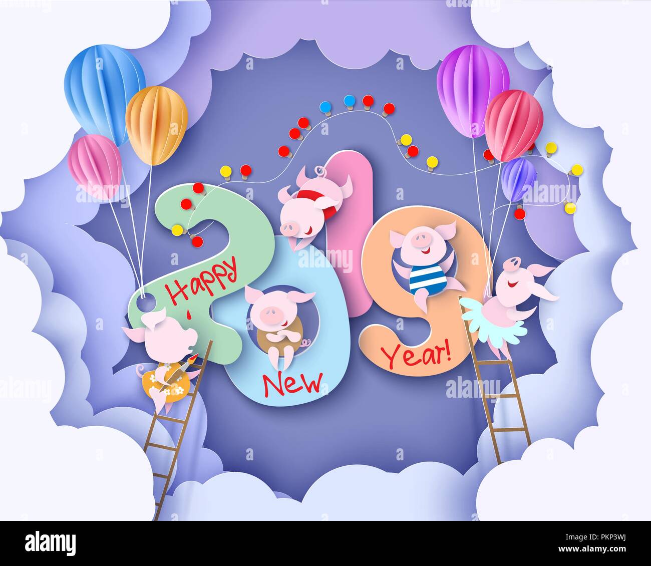2019 New Year design card with pigs on purple background with clouds ...