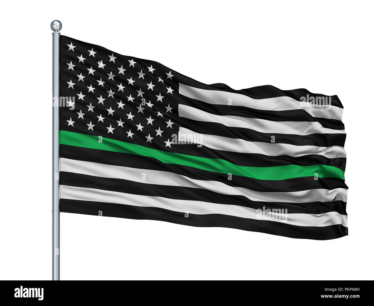 Usa Thin Green Line Isolated Flag On Flagpole With White Background, 3D ...