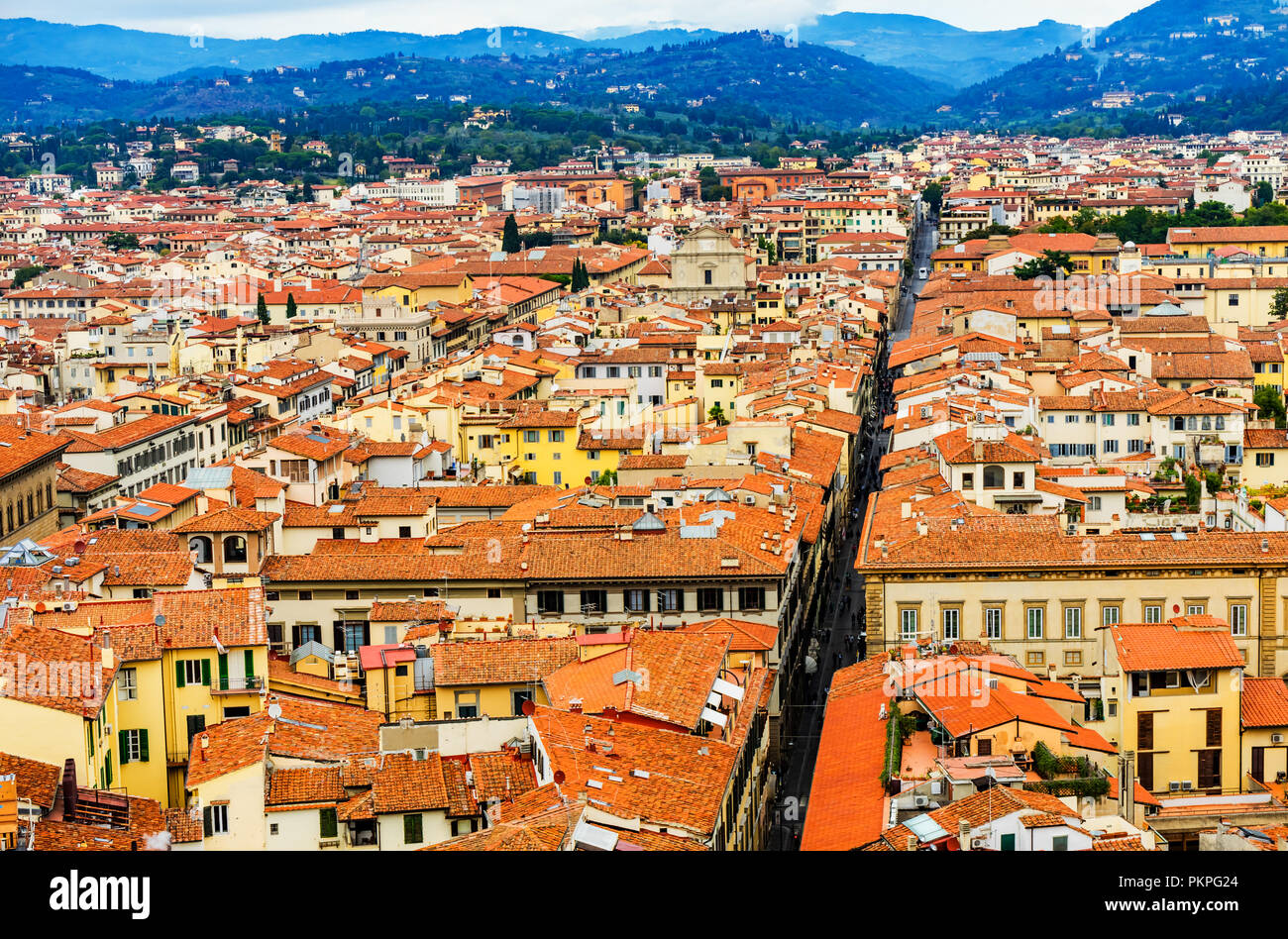 Orange Roofs Many Buildings Streets Green Hills Tuscany Florence Italy ...