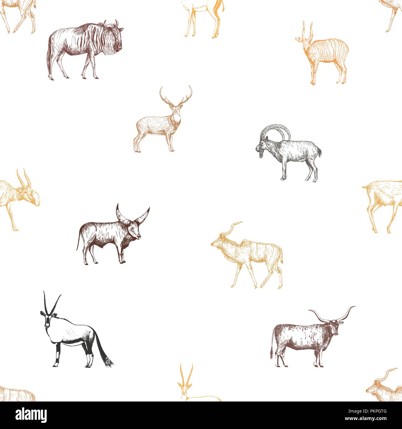 Seamless pattern of hand drawn sketch style ungulates isolated on white ...