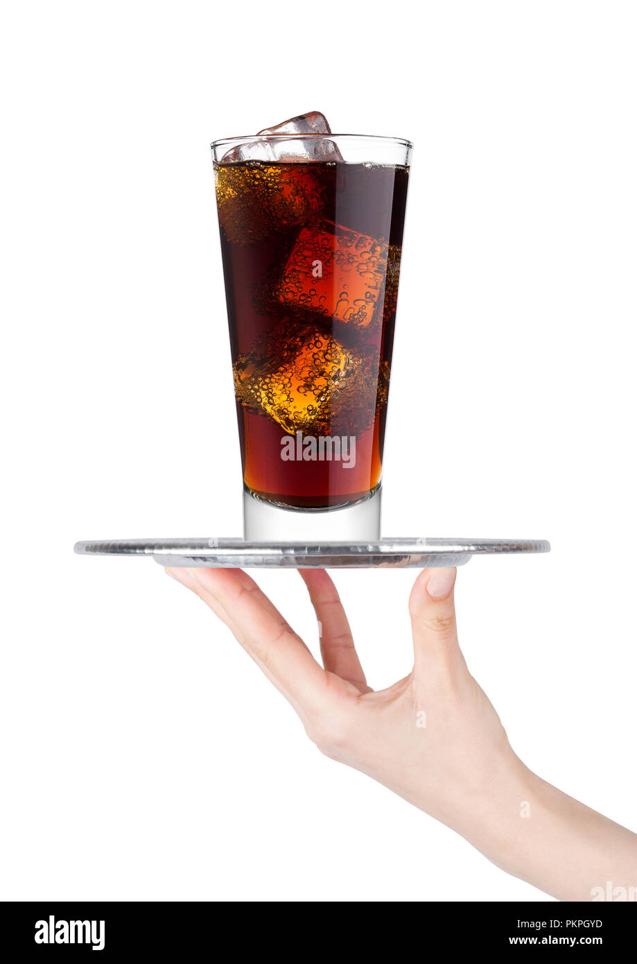 Hand holds tray with cola soda drink with ice on white background Stock ...