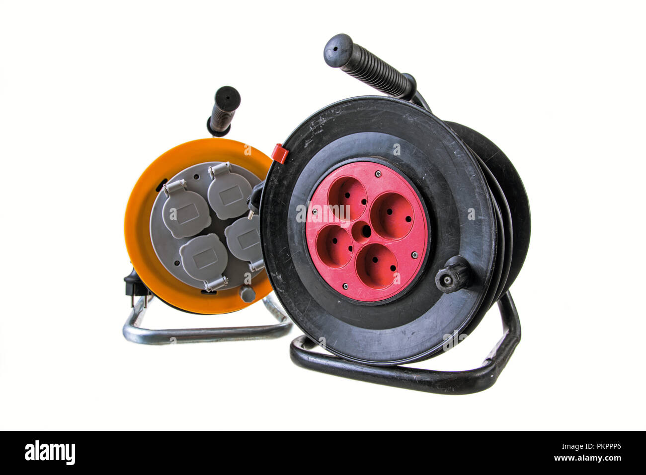 electric wire extension cables on a reel isolated on white background ...