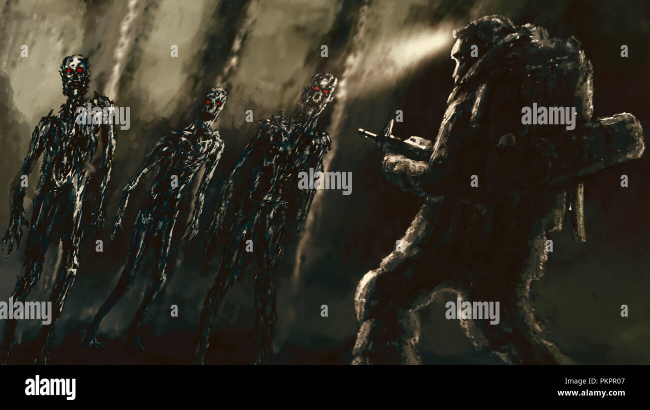 Attack zombies inside tomb. Genre of horror. Green background color ...