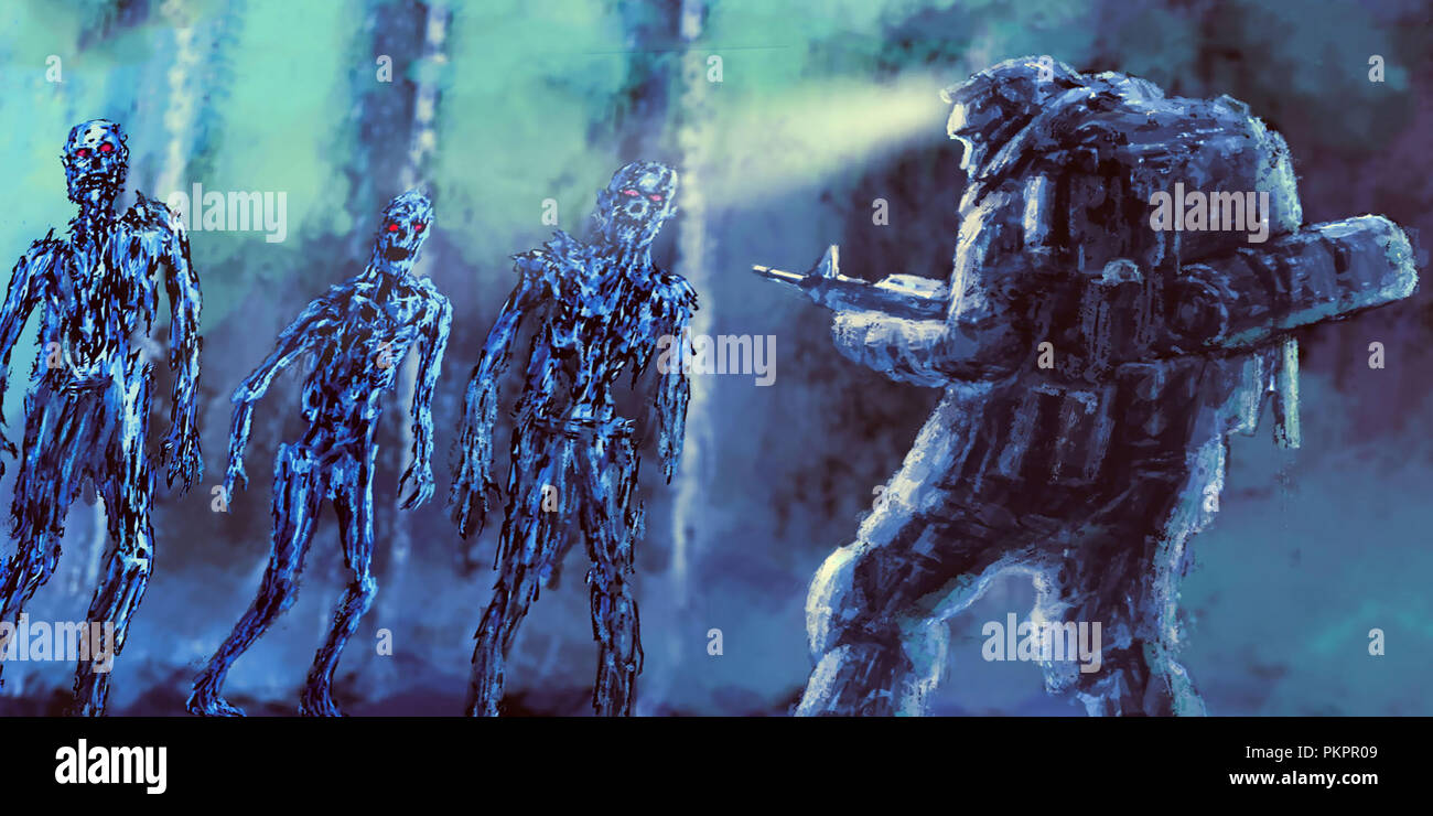 Attack zombies inside tomb. Genre of horror. Blue background color ...