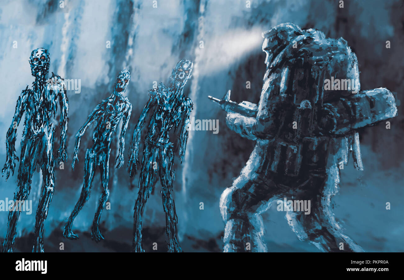 Attack zombies inside tomb. Genre of horror. Blue color Stock Photo - Alamy