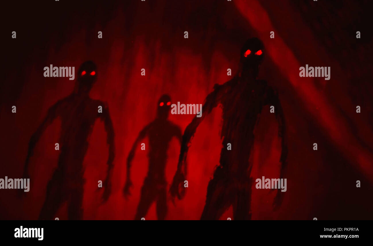 Attack zombies inside tomb. Genre of horror. Red background color Stock ...