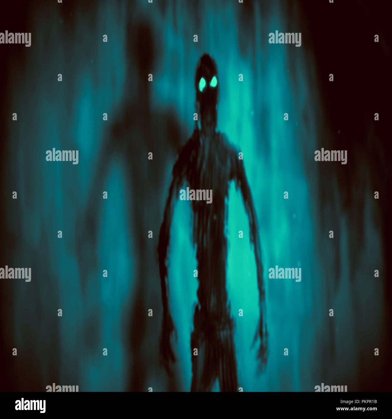 Attack ghost inside tomb. Genre of horror. Blue background color Stock ...