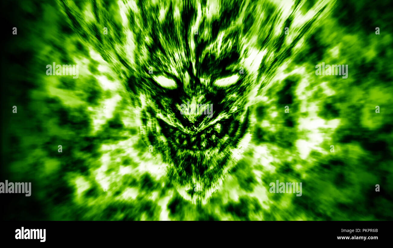 Angry demon face screams in fire. Genre of horror. Green color ...