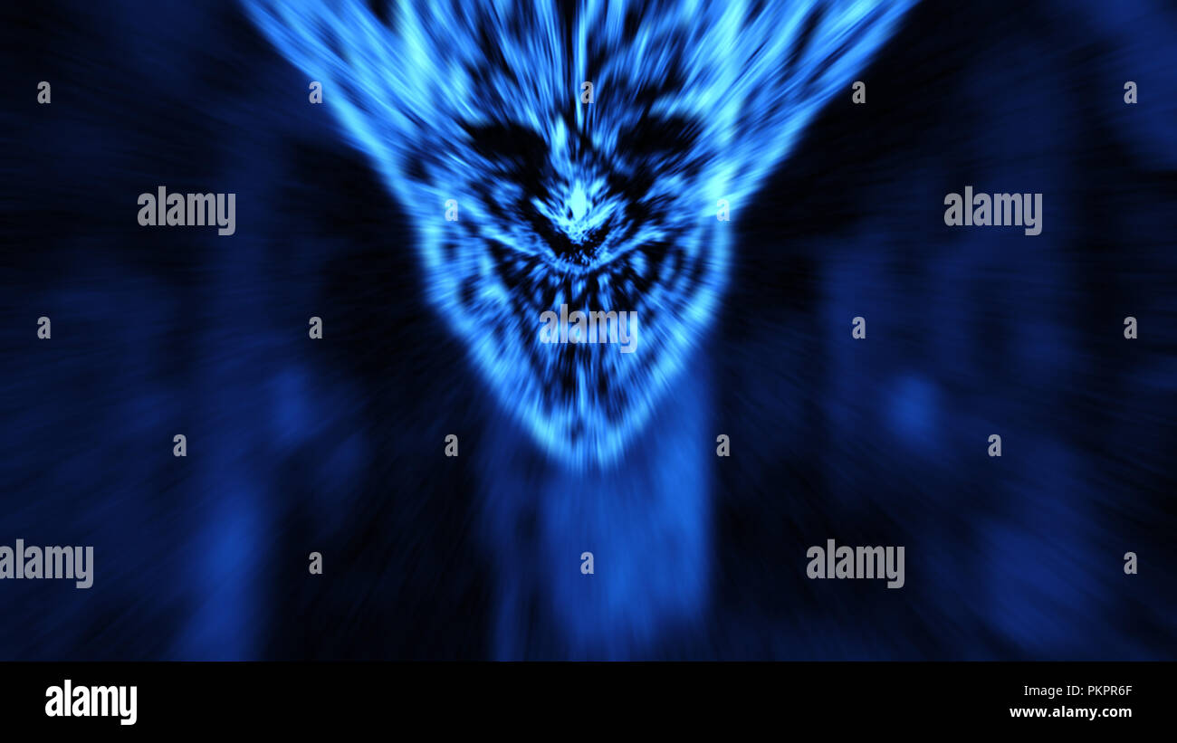 Angry demon face screams in abandoned house. Genre of horror. Blue ...