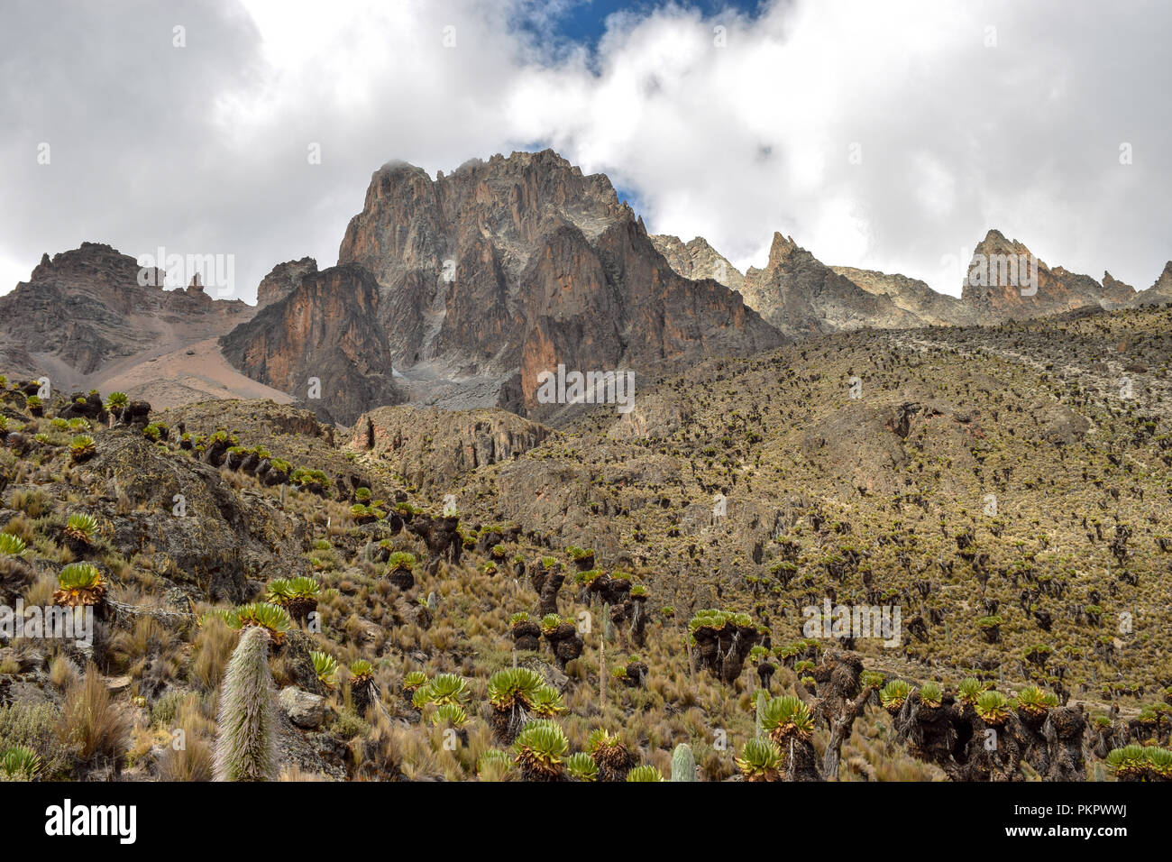 The volcanic rock formations at Mount Kenya, Sirmon Route Stock Photo ...