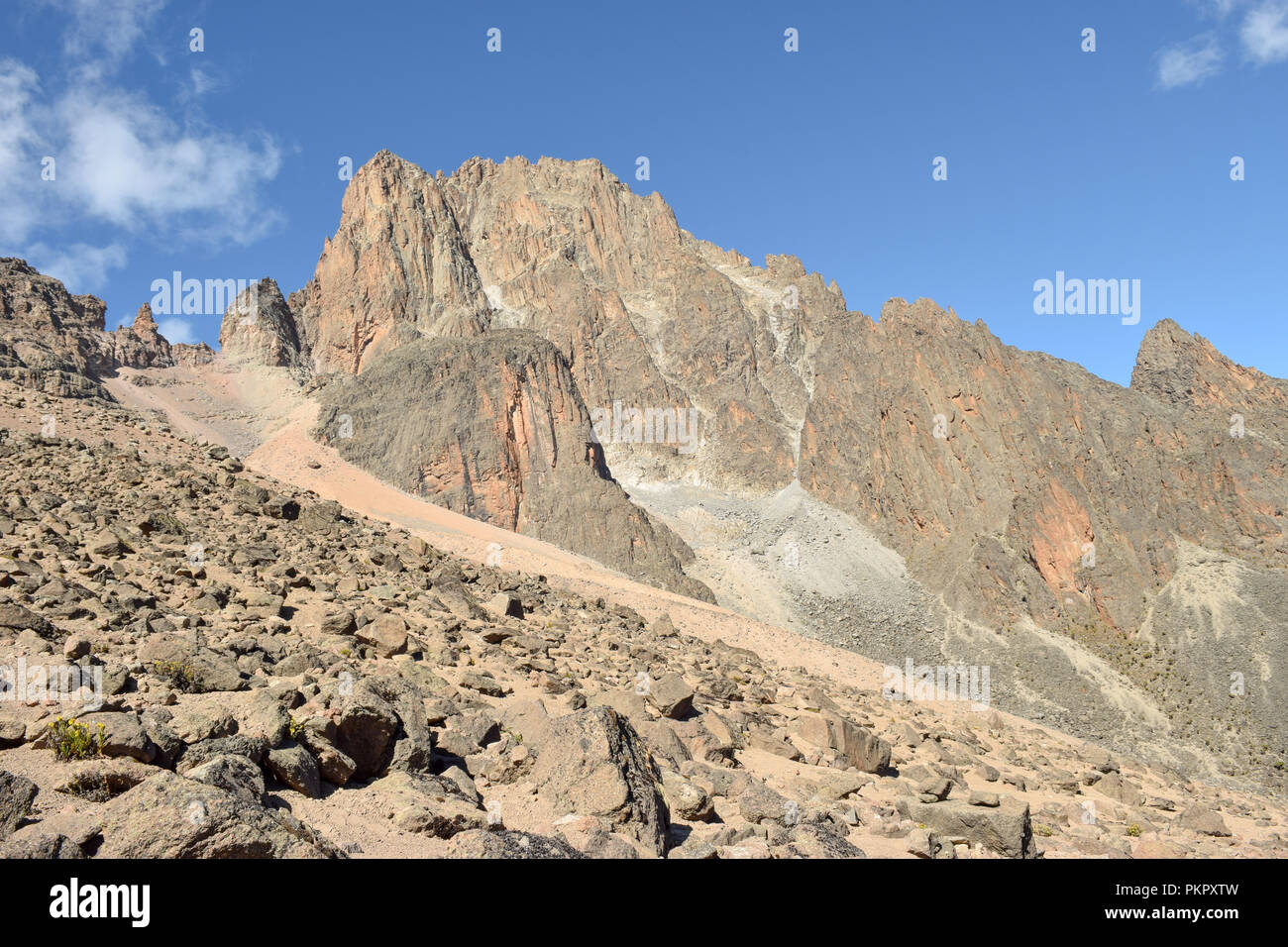 The volcanic rock formations at Mount Kenya, Sirmon Route Stock Photo ...