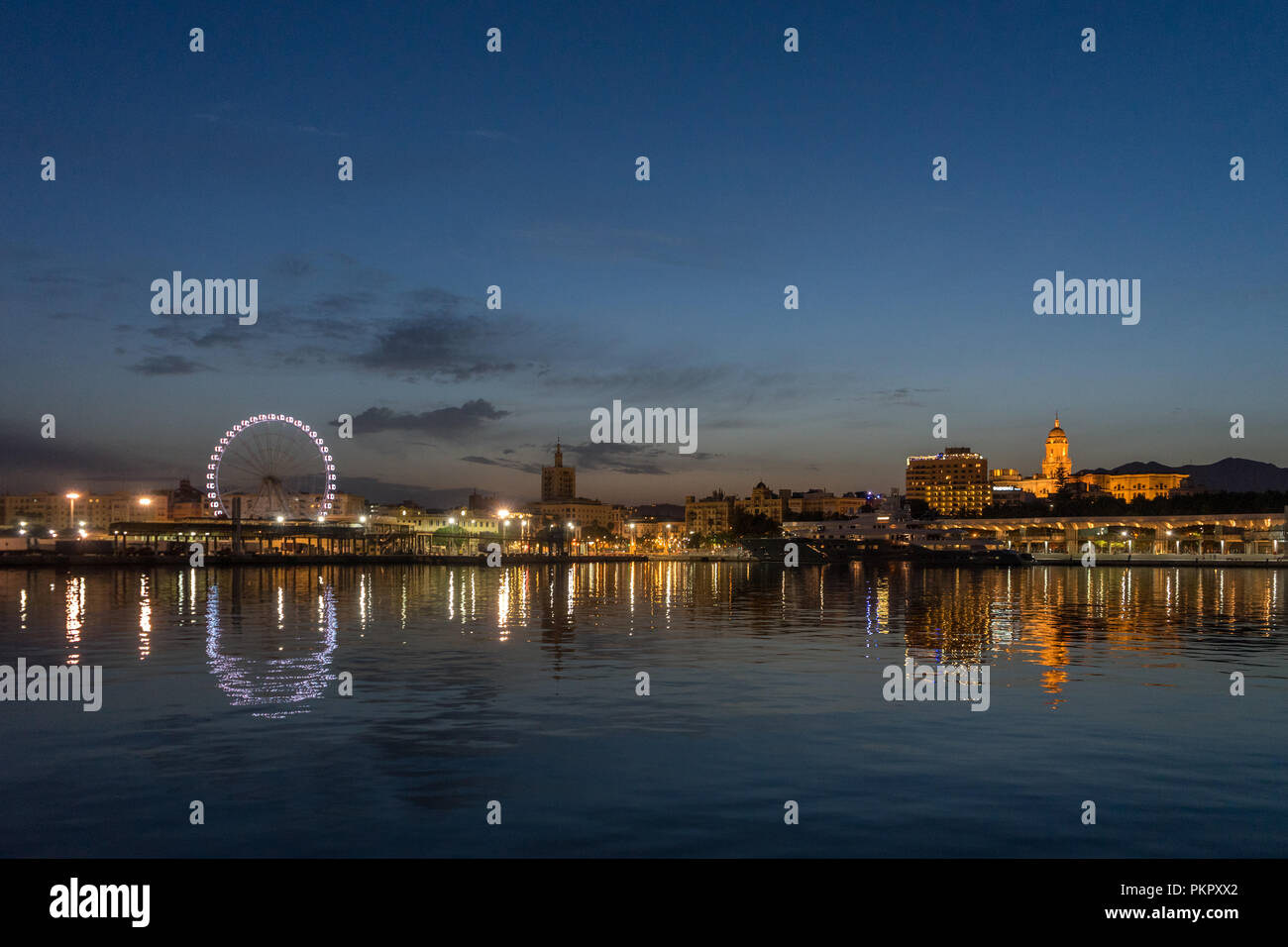 View of malaga city from harbour, Malaga, spain, Europe at golden ...