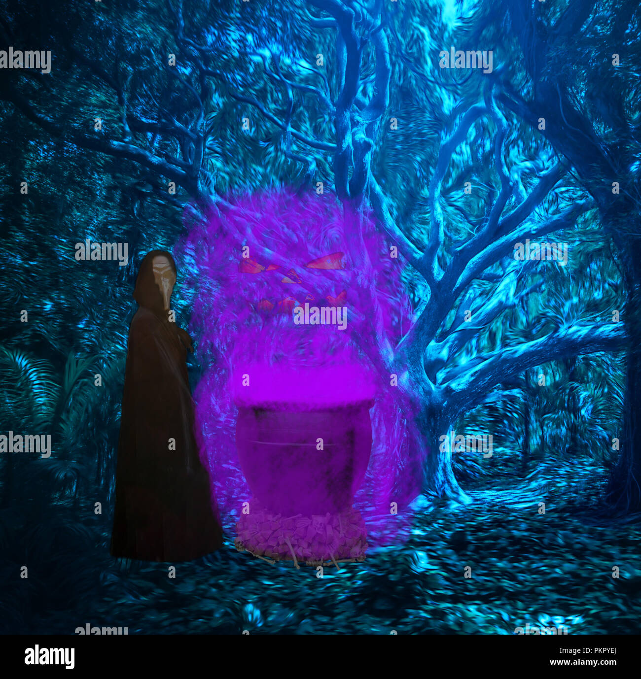 halloween frightening witch wearing a mask brewing a evil mixture in ...