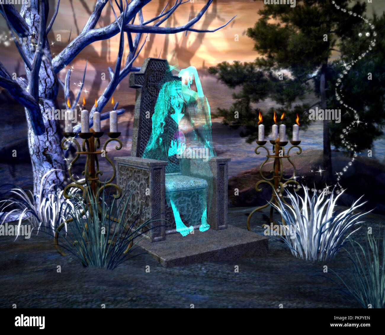 Halloween scary witch ghost sitting in a stone chair holding a glass ...