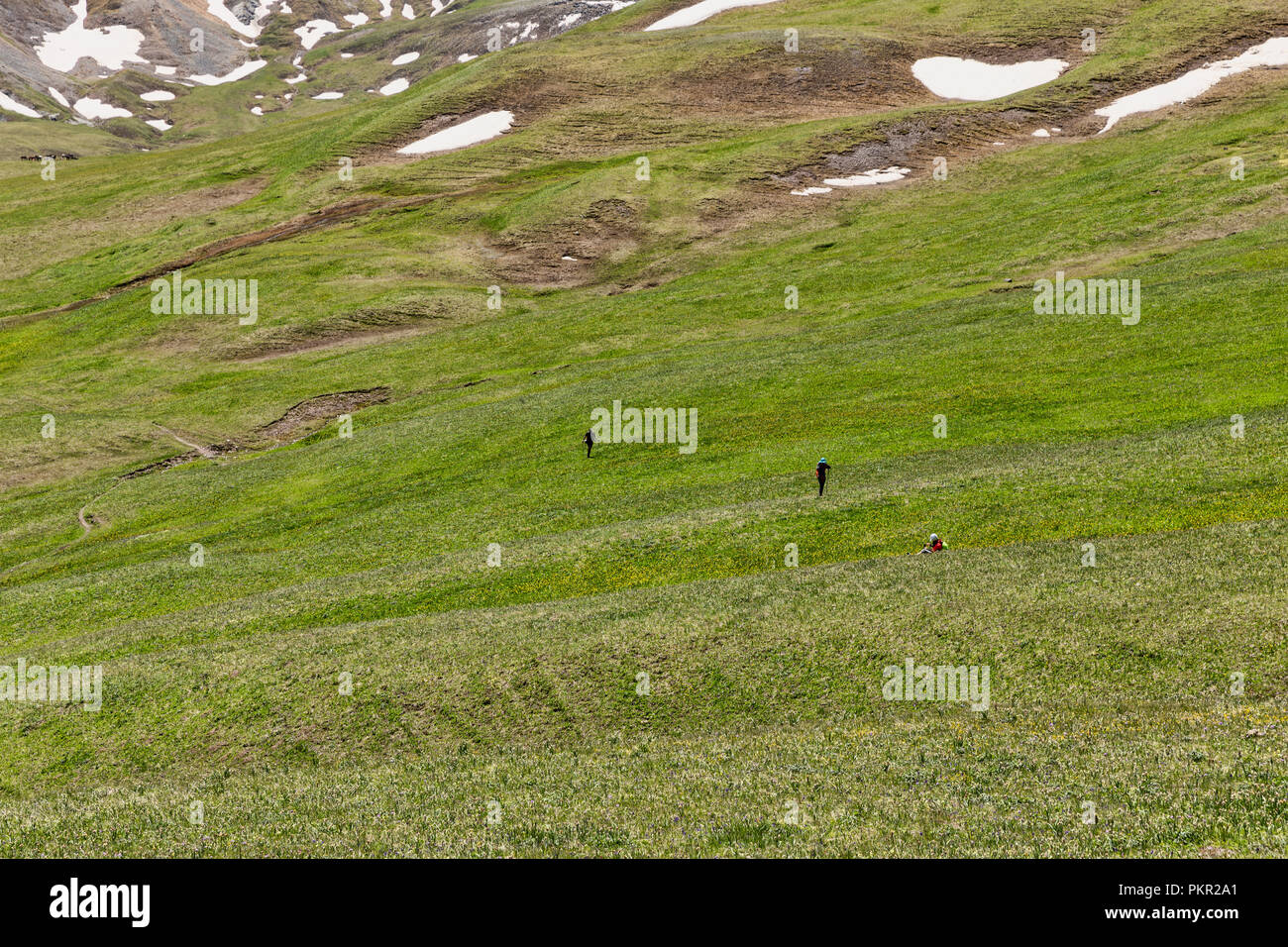 Trekkers cross high altitude pasture, Keskenkyia Loop trek, Jyrgalan ...