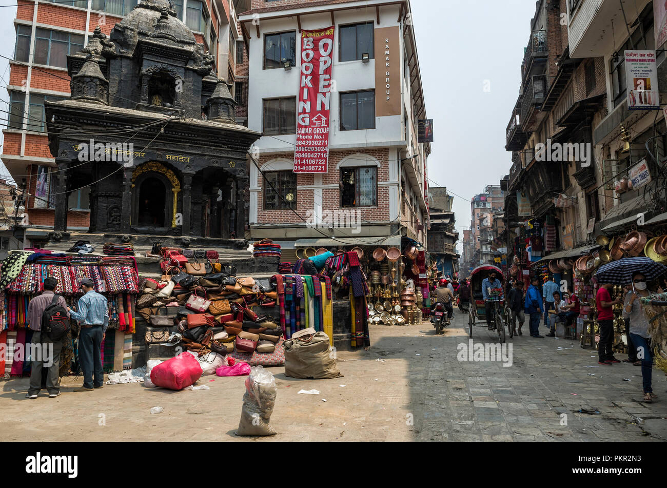 Kathmandu, Nepal - April 16, 2016: Ason Tole Market is busy with ...