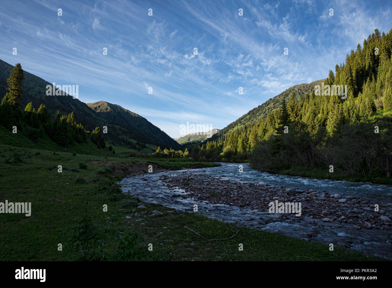 Sunrise over the Tyup River, Keskenkyia Loop trek, Jyrgalan, Kyrgyzstan ...