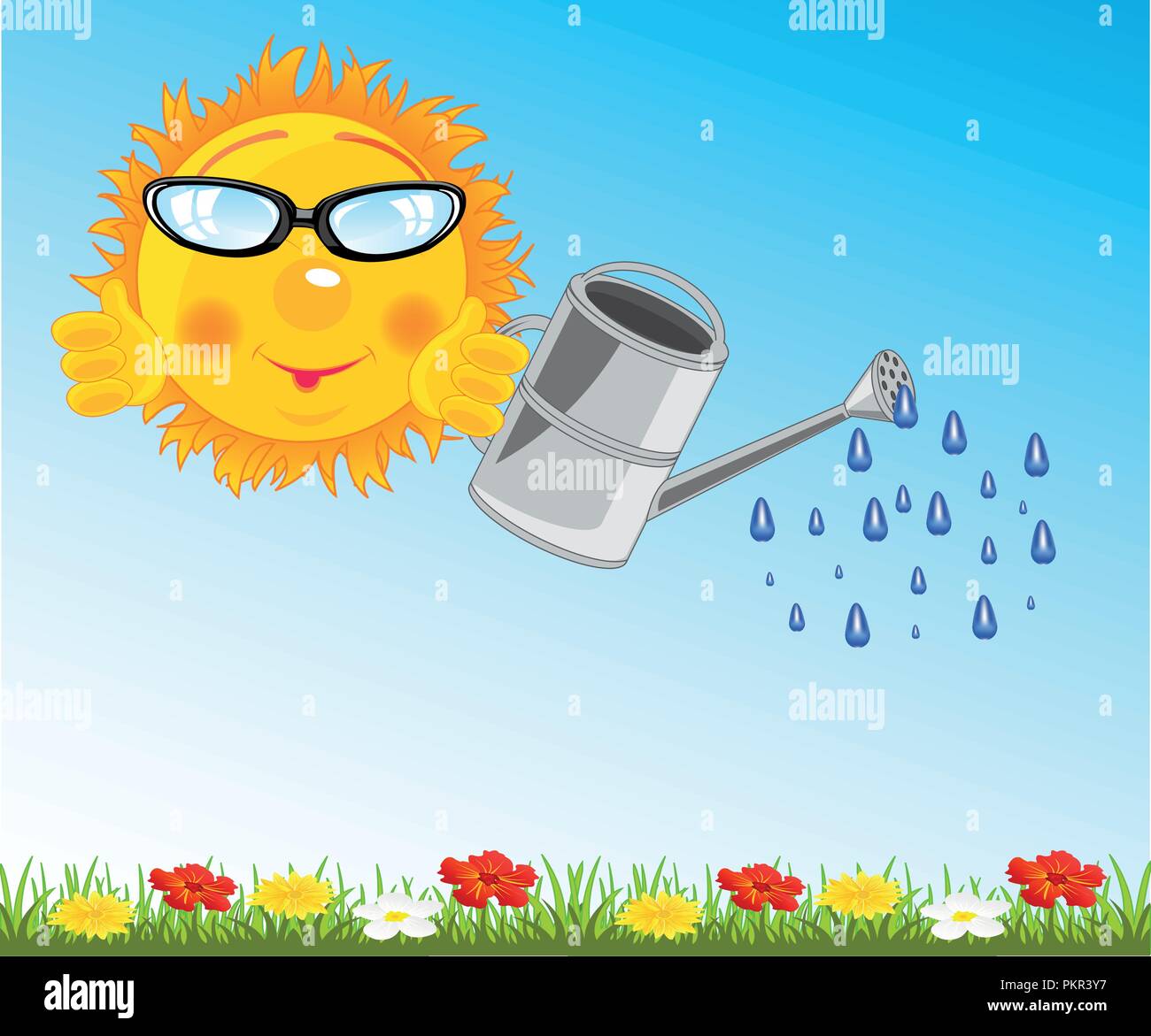 Cartoon sun with sprinkling can waterring water flower on green glade ...