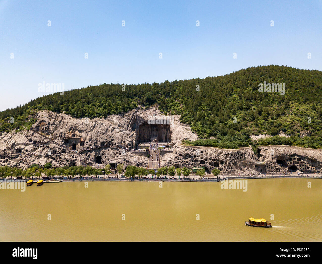 Aerial view of Longman Grottoes at Luoyang, Henan across the Yi River ...
