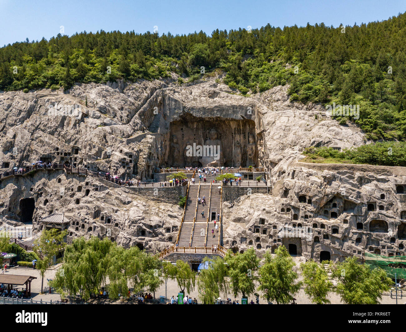 Aerial view of Longman Grottoes at Luoyang, Henan across the Yi River ...