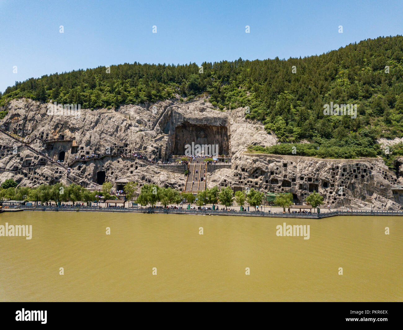 Aerial view of Longman Grottoes at Luoyang, Henan across the Yi River ...