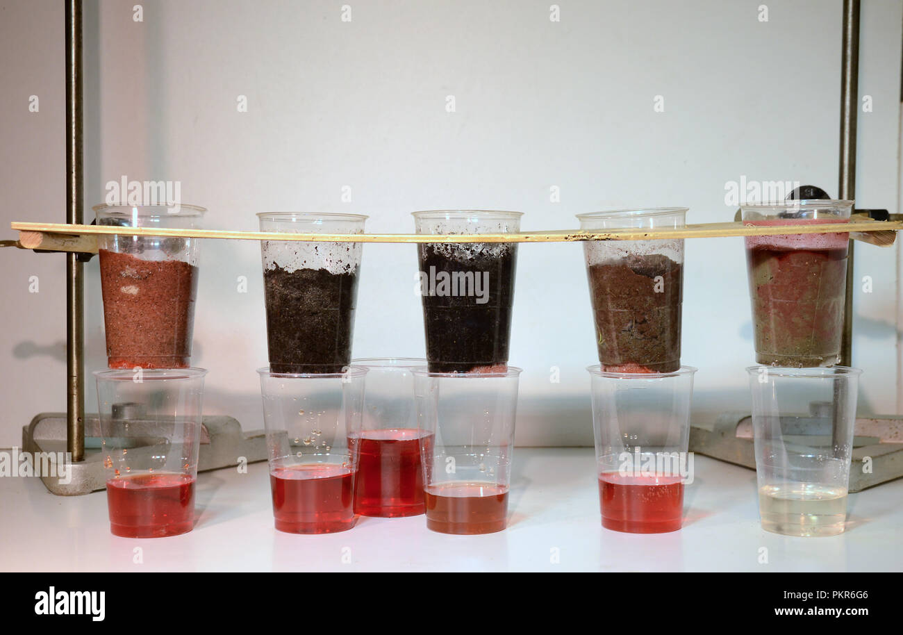 Colored water is poured trough 5 samples of soil:(l>r)sand, sandy soil ... Colored water is poured trough 5 samples of soil:(l>r)sand, sandy soil ...