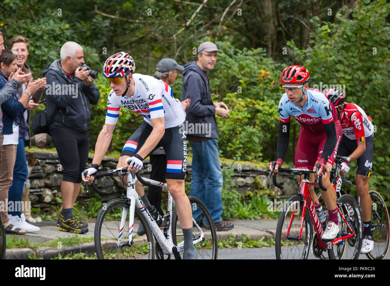 The leading group in the tour of Britain bike race passing through ...