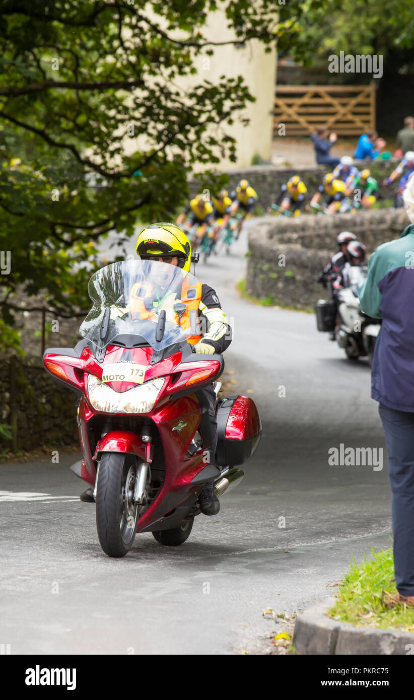 The tour of Britain bike race passing through Clappersgate, Ambleside ...