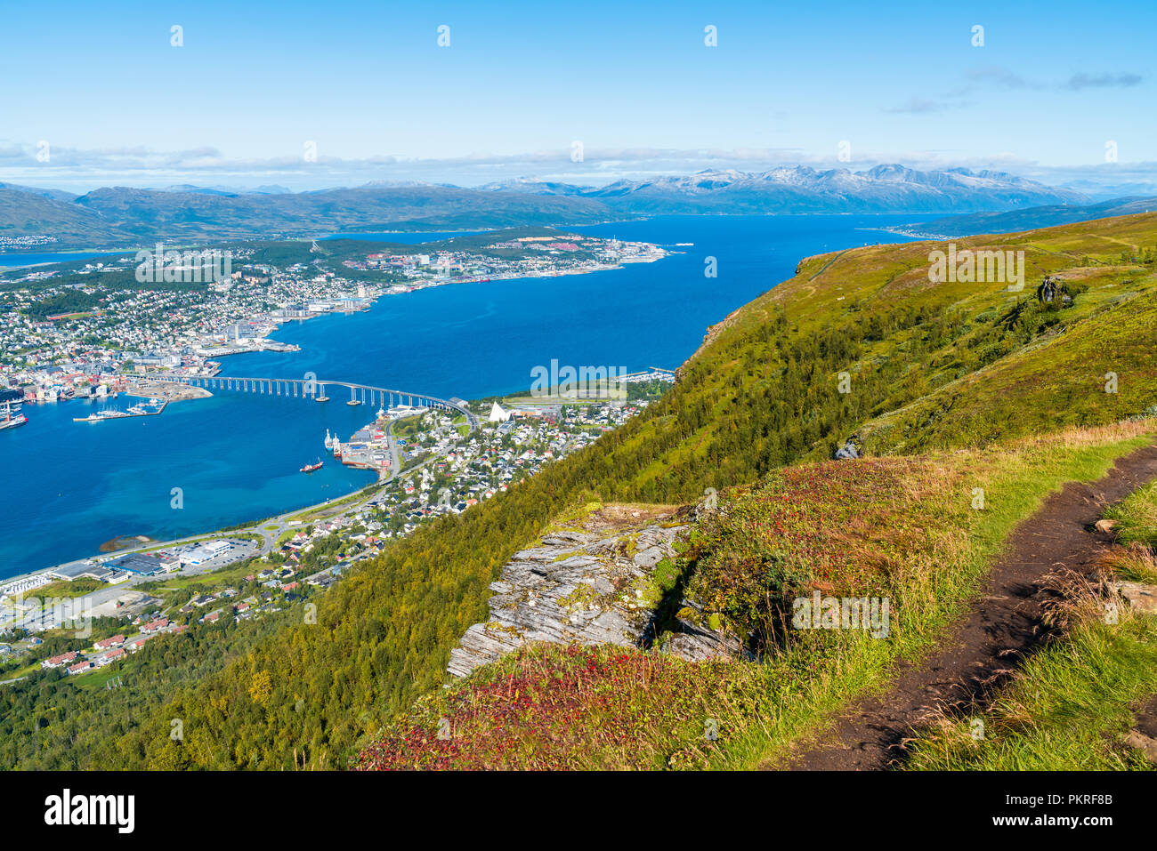 Aerial view of Tromso and Tromsoysundet strait in Norway Stock Photo ...